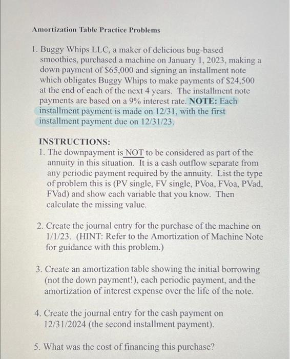 Solved Amortization Table Practice Problems 1. Buggy Whips | Chegg.com