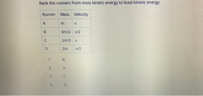 Solved Rank the runners from most kinetic energy to least | Chegg.com