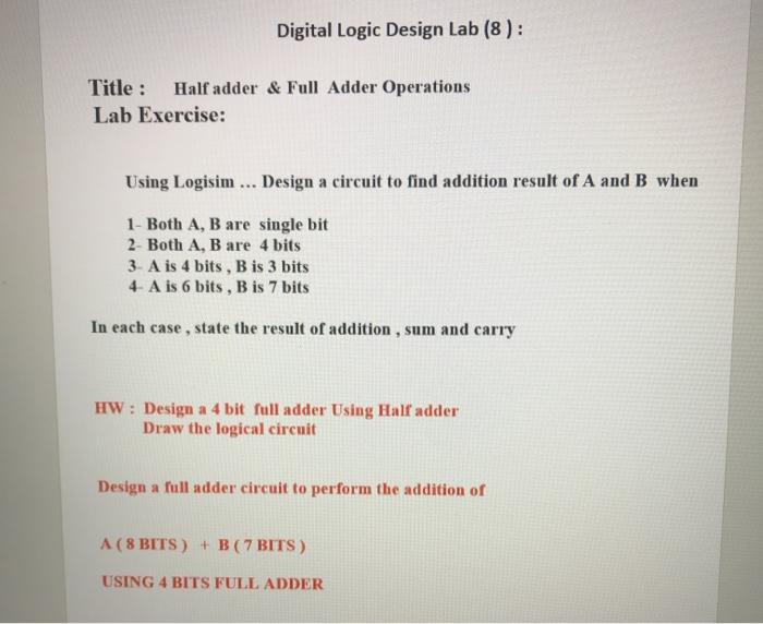 Solved Digital Logic Design Lab (8): Title : Half adder & | Chegg.com