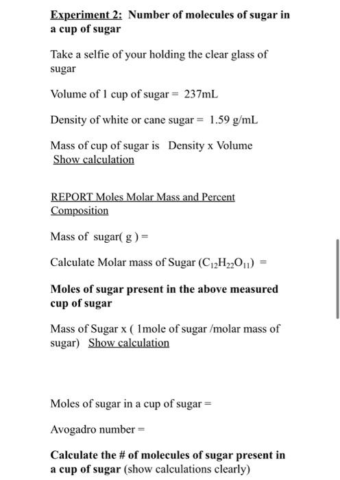 Solved Experiment 2: Number of molecules of sugar in a cup | Chegg.com
