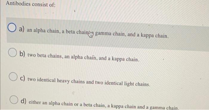 Solved Antibodies consist of: a) an alpha chain, a beta | Chegg.com
