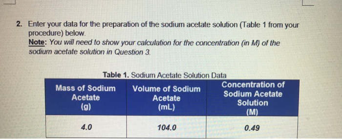 Solved 2. Enter your data for the preparation of the sodium | Chegg.com