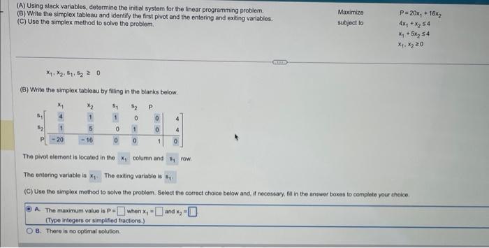 Solved A Using Slack Variables Determine The Initial