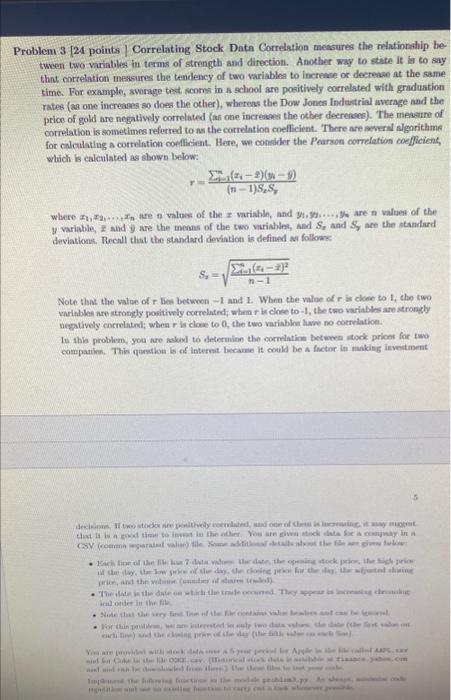 Solved Problem 3 [24 points / Correlating Stock Data | Chegg.com