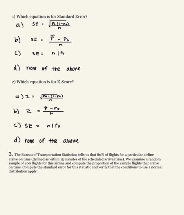 Solved 1) Which equation is for Standard Error? a) SE : | Chegg.com