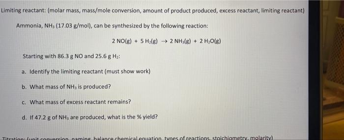 Solved Limiting reactant: (molar mass, mass/mole conversion, | Chegg.com