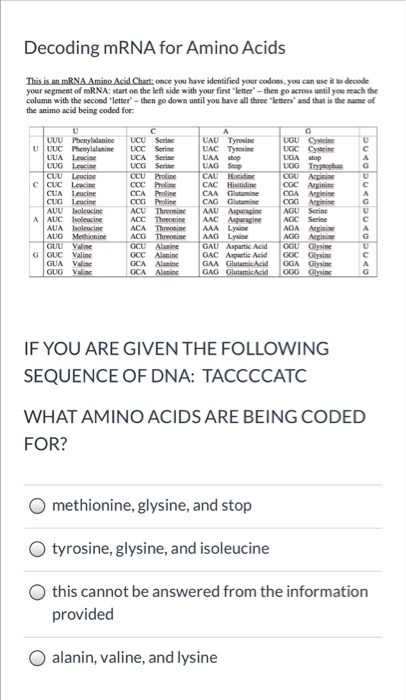 Solved Decoding mRNA for Amino Acids This is an mRNA Amino | Chegg.com