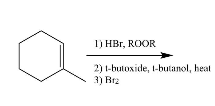 Solved 1) HBr, ROOR 2) t-butoxide, t-butanol, heat 3) Br2 | Chegg.com