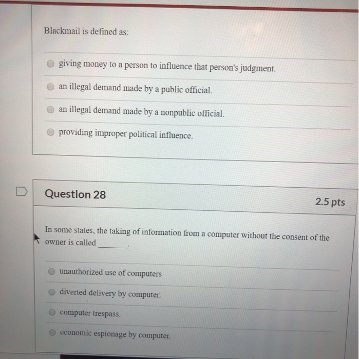 Solved Racketeering is defined as: using money to influence | Chegg.com