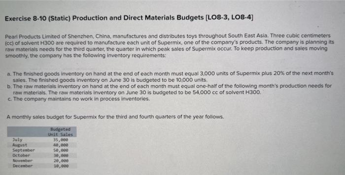 Solved Exercise 8-10 (Static) Production and Direct | Chegg.com
