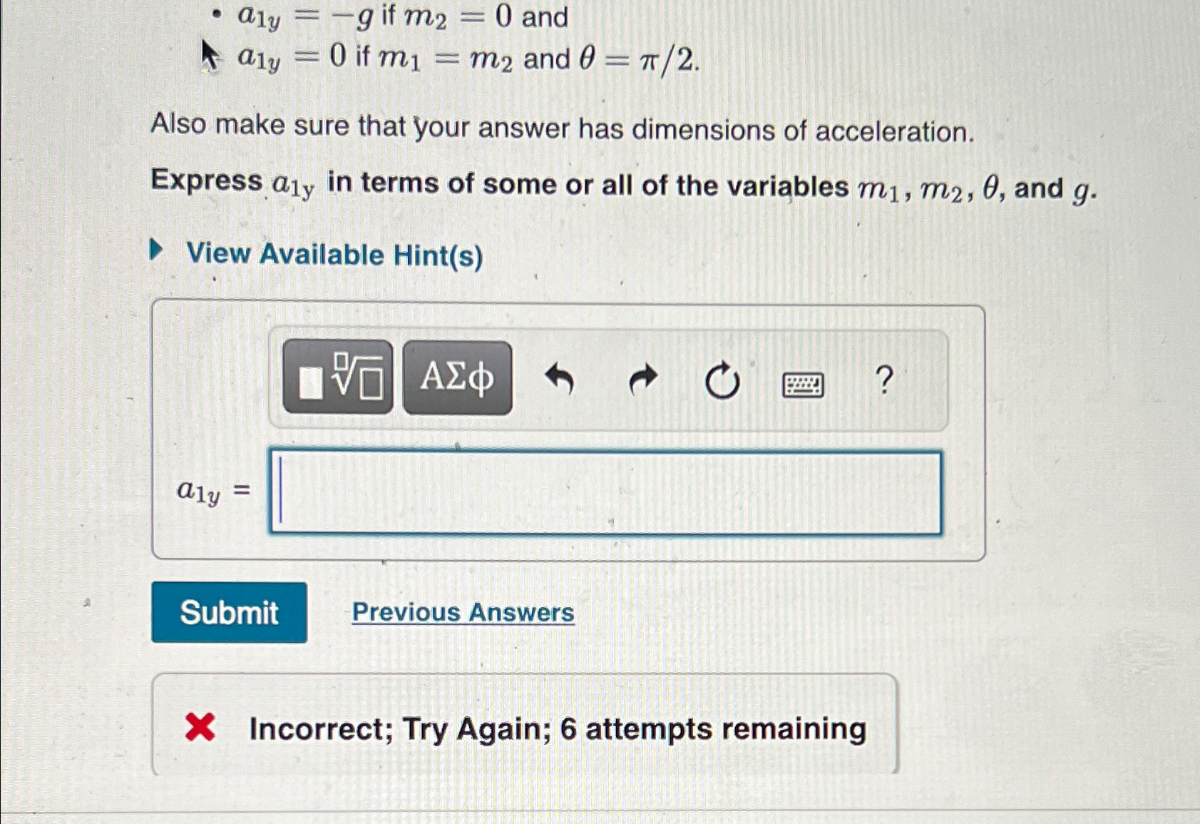 Solved a1y=-g ﻿if m2=0 ﻿anda1y=0 if m1=m2 ﻿and θ=π2. ﻿Also | Chegg.com