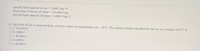 Solved specific heat capacity of ice = 2,000 J/kg-°C Latent | Chegg.com