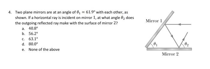 Solved 4. Two plane mirrors are at an angle of θ1=61.9∘ with | Chegg.com