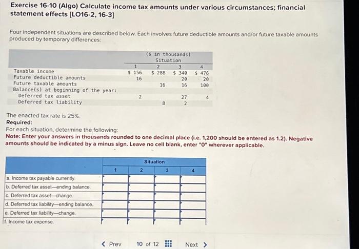 Exercise 16-10 (Algo) Calculate income tax amounts | Chegg.com