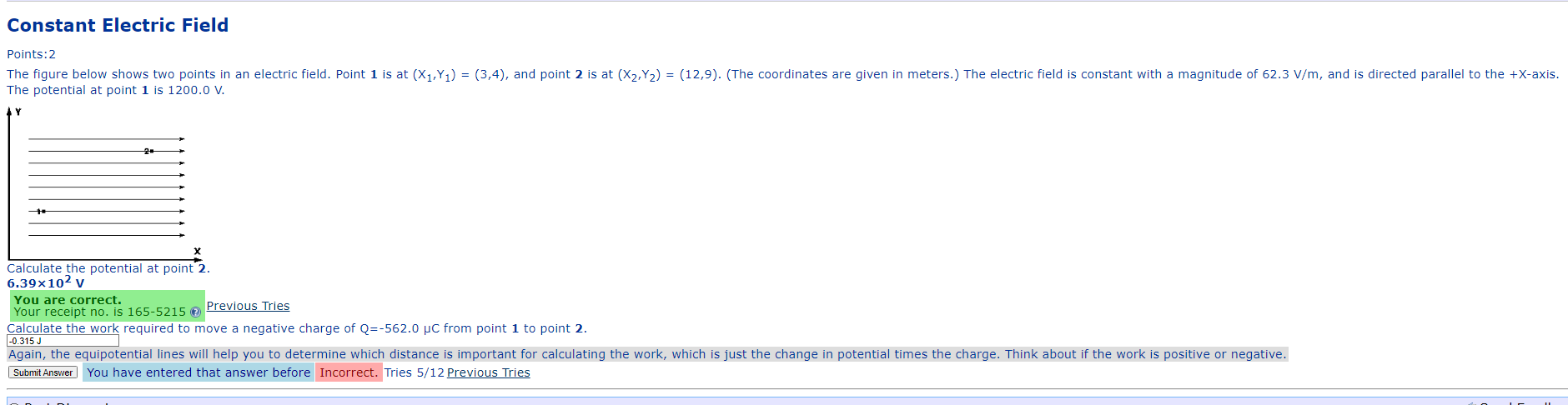 Solved Constant Electric FieldPoints:2The potential at point | Chegg.com