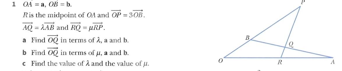 Solved OA=a,OB=b. R is the midpoint of OA and OP=3OB. AQ=λAB | Chegg.com