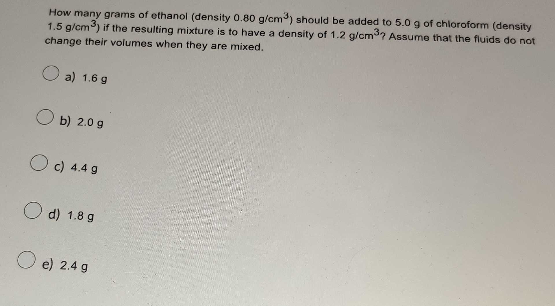 Solved How many grams of ethanol (density 0.80gcm3 ) ﻿should | Chegg.com