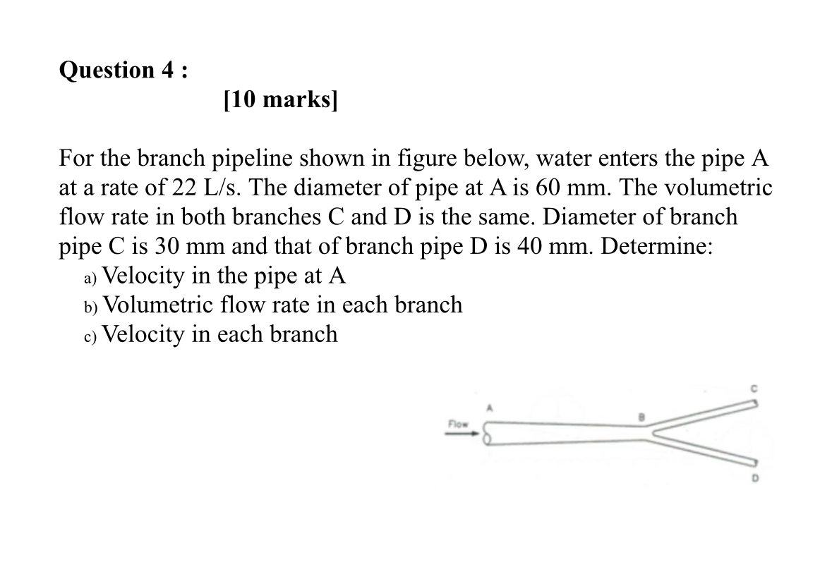 Solved Question 4 ﻿:[10 ﻿marks]For the branch pipeline shown | Chegg.com