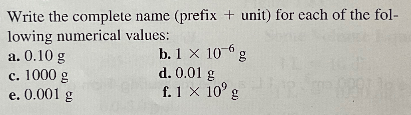 Solved Write the complete name (prefix + ﻿unit) ﻿for each of | Chegg.com