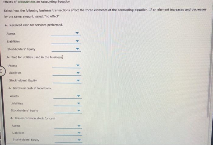 Solved Effects of Transactions on Accounting Equation Select | Chegg.com