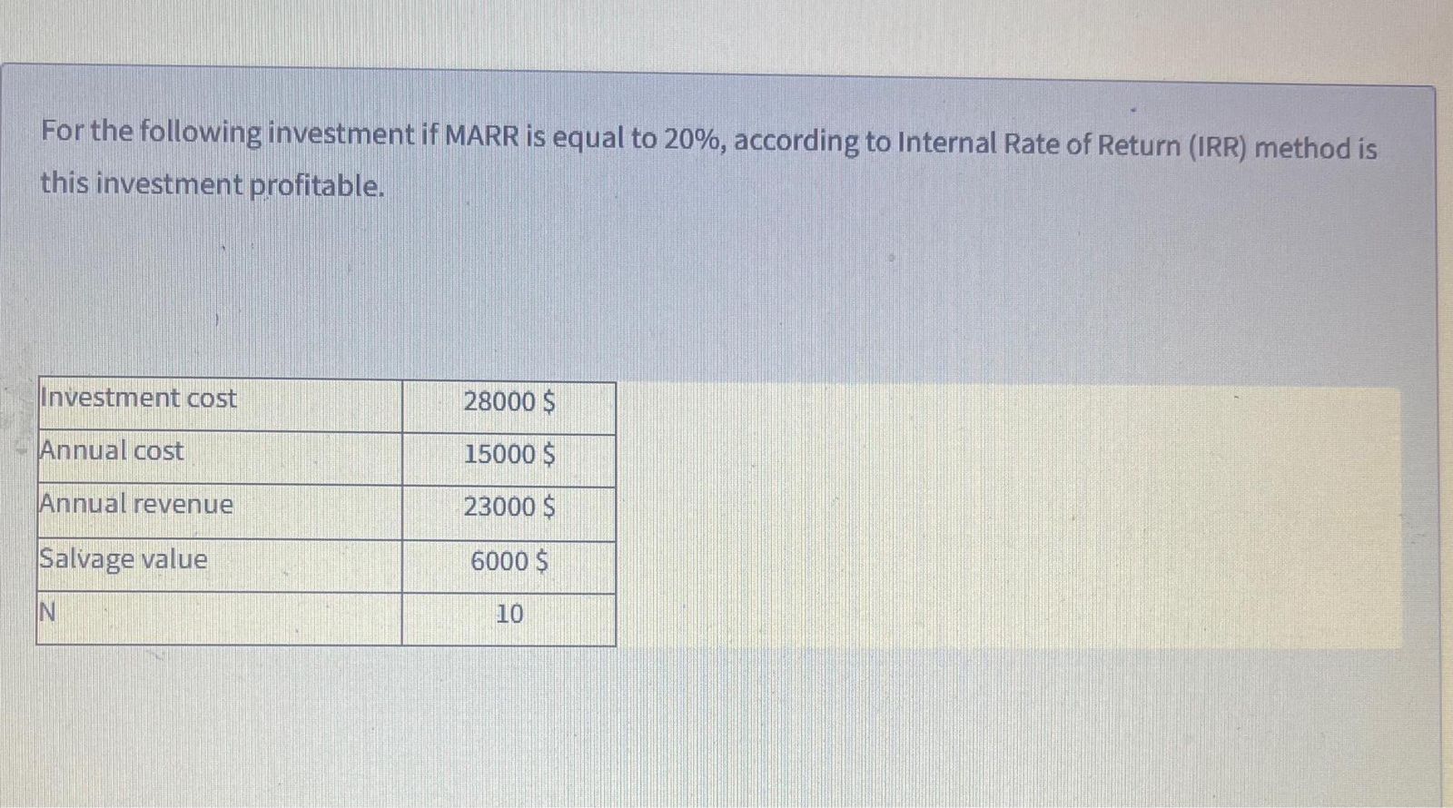 Solved For the following investment if MARR is equal to 20%, | Chegg.com