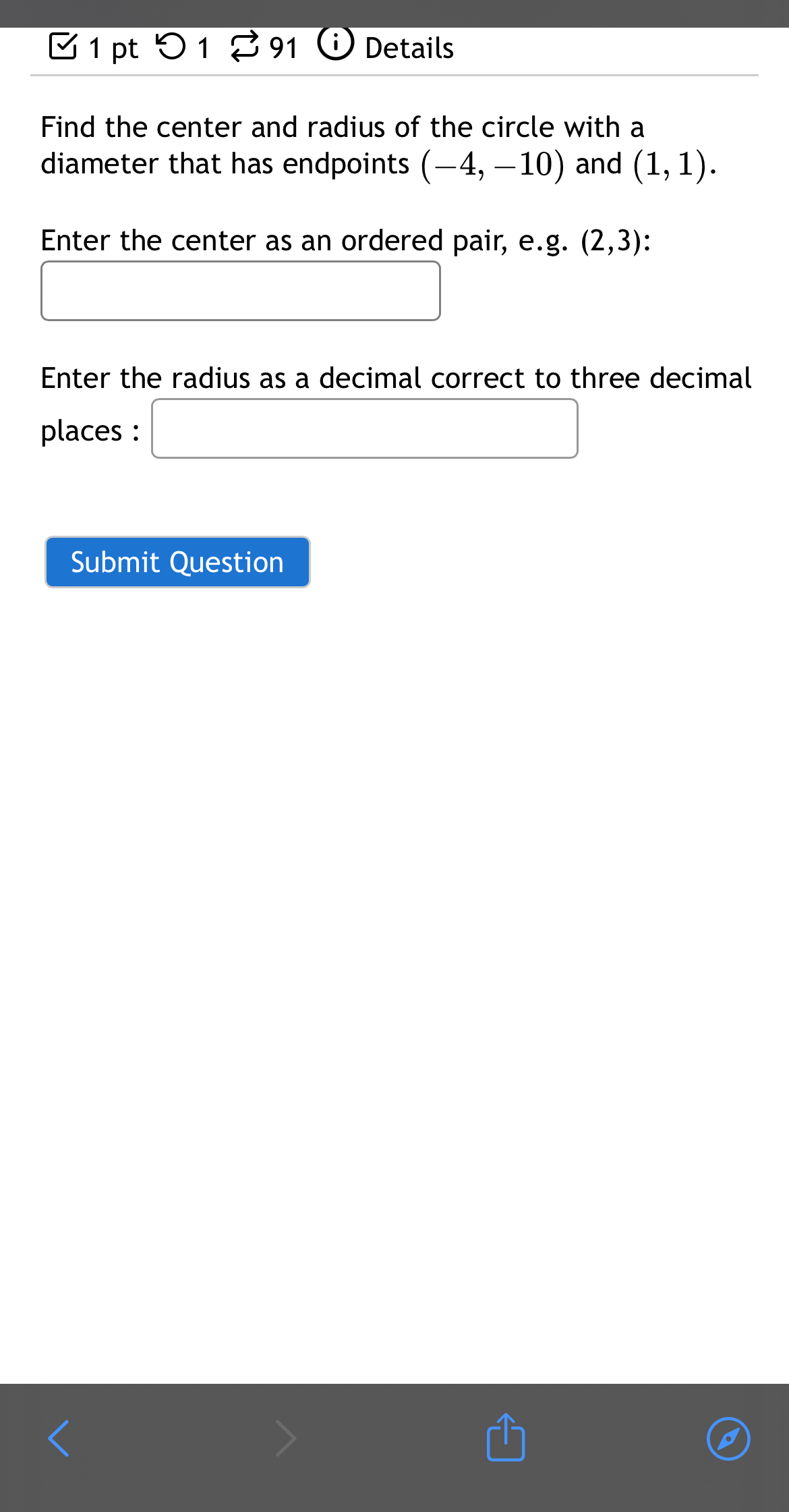 Solved 1 ﻿pt1⇄⇄91(i) ﻿DetailsFind the center and radius of | Chegg.com