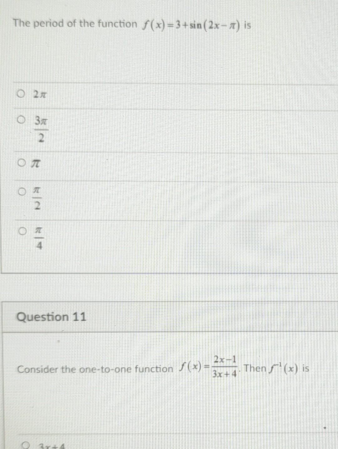 Solved The period of the function f(x)=3+sin(2x−π) is 2π 23π | Chegg.com