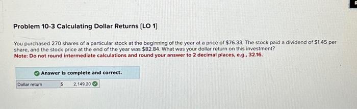 Solved Problem 10-3 Calculating Dollar Returns [LO 1] You | Chegg.com