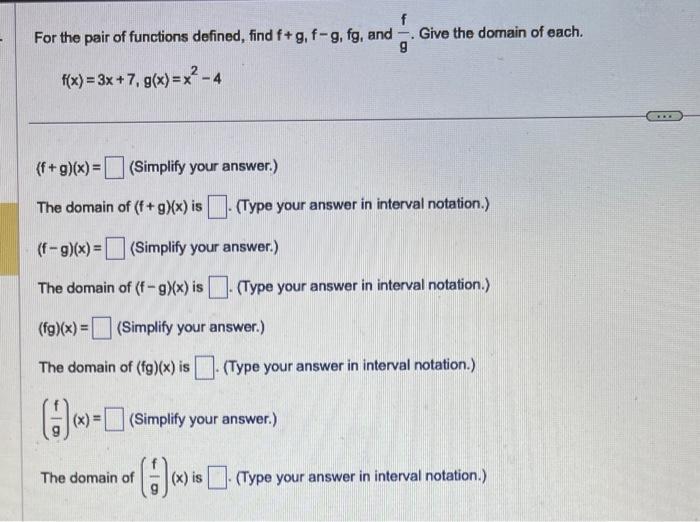 Solved For the pair of functions defined, find f+g,f−g,fg, | Chegg.com