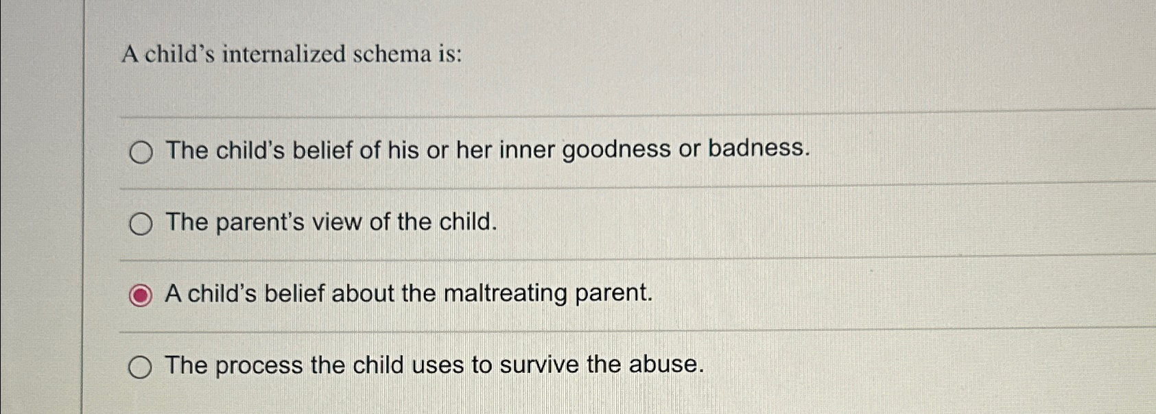 Solved A child's internalized schema is:The child's belief | Chegg.com