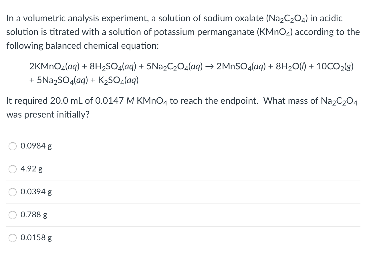 Solved In a volumetric analysis experiment, a solution of | Chegg.com