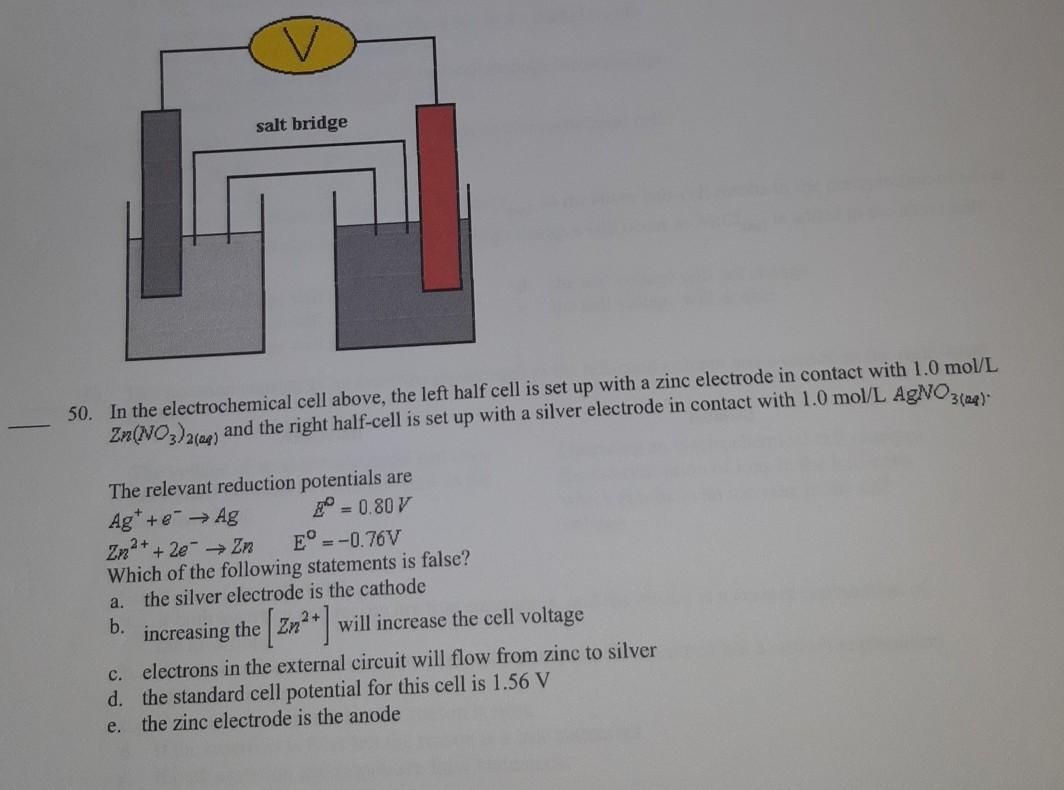 Solved salt bridge 50. In the electrochemical cell above, | Chegg.com