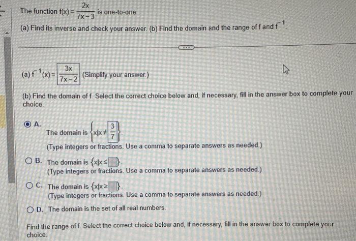 Solved The function f(x)=7x−32x is one-to-one. (a) Find its | Chegg.com