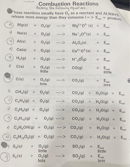 Combustion Reactions Balance the following equations. | Chegg.com