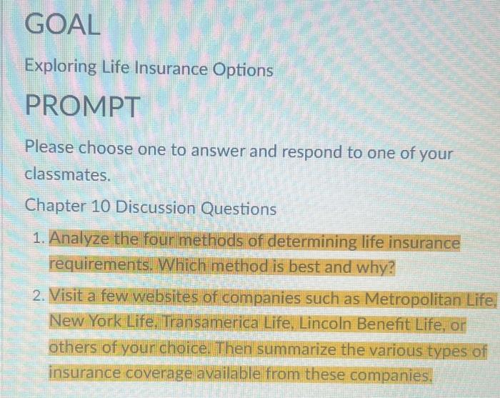 Solved Exploring Life Insurance Options PROMPT Please choose | Chegg.com