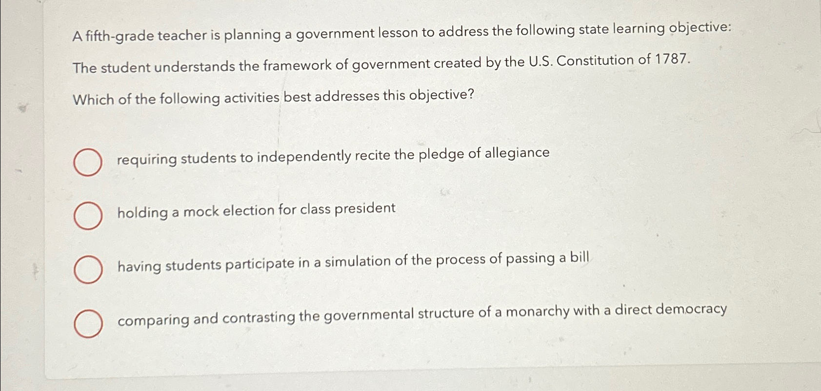 Solved A fifth-grade teacher is planning a government lesson | Chegg.com