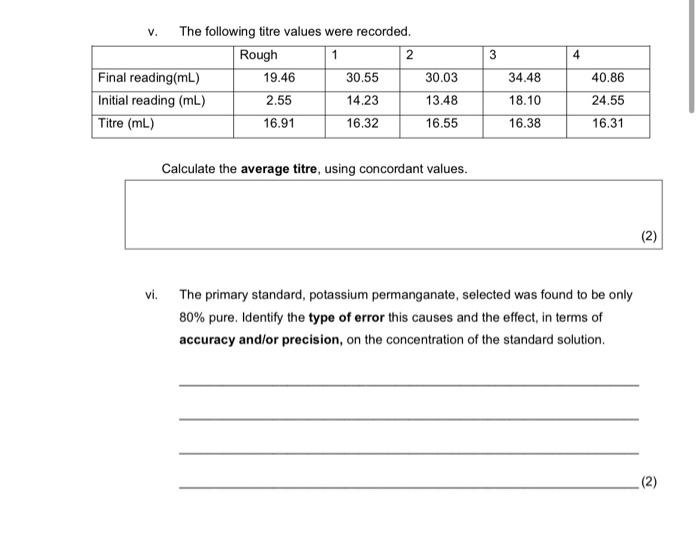 Solved V. The following titre values were recorded. Rough 1 | Chegg.com