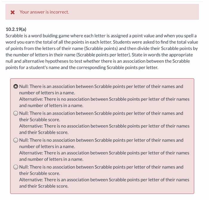 Solved * Your answer is incorrect. 10.2.19(a) Scrabble is a | Chegg.com
