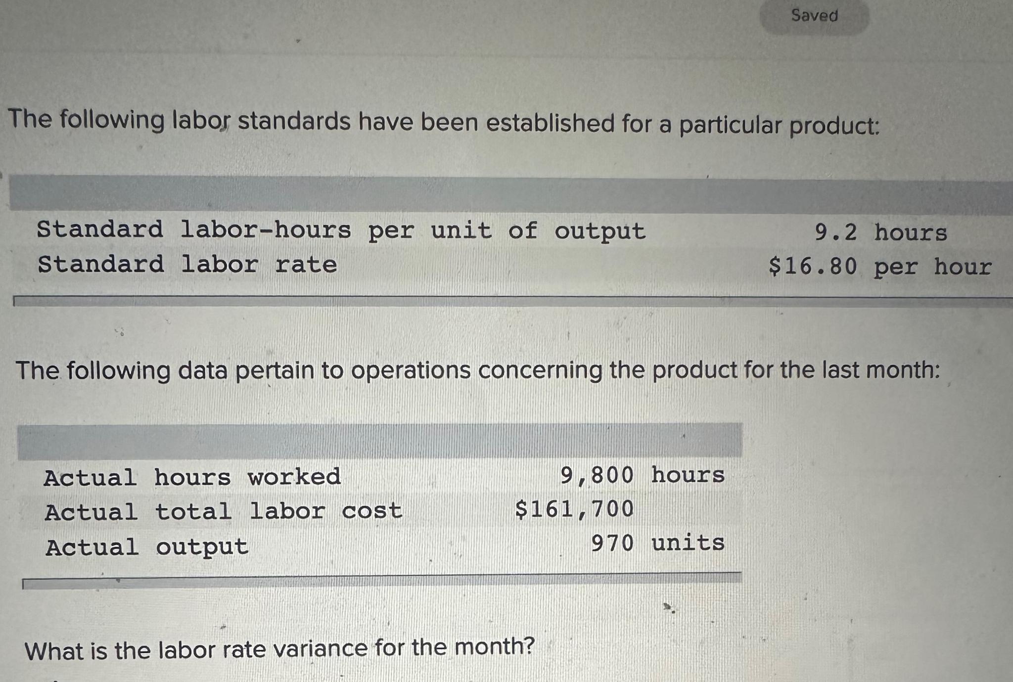 Solved The following labor standards have been established | Chegg.com