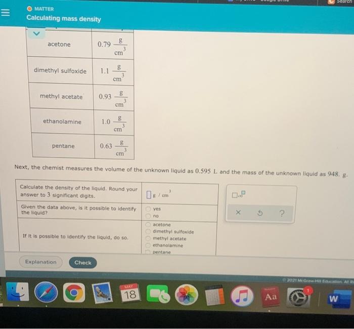 Solved Search O MATTER Calculating mass density acetone g | Chegg.com