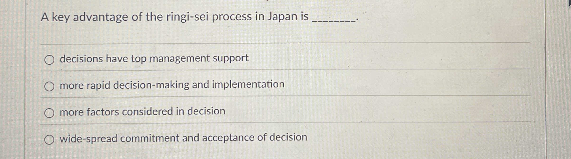 Solved A key advantage of the ringi-sei process in Japan is | Chegg.com