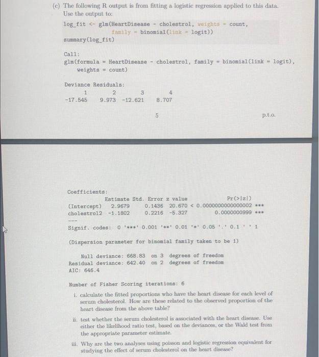 Solved (c) The following R output is from fitting a logistic | Chegg.com