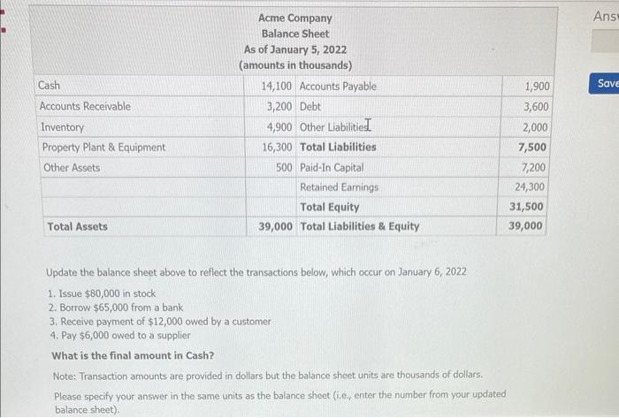 Solved Update the balance sheet above to reflect the | Chegg.com