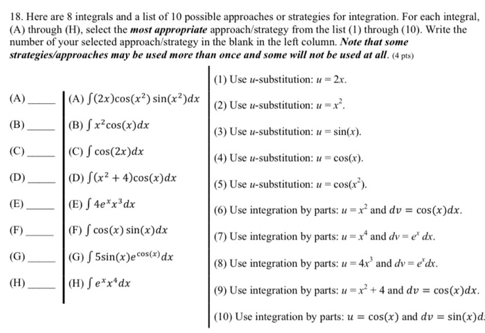 Solved 18. Here are 8 integrals and a list of 10 possible | Chegg.com