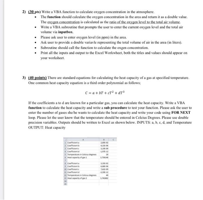 Solved 2) (30pts) Write a VBA function to calculate oxygen | Chegg.com