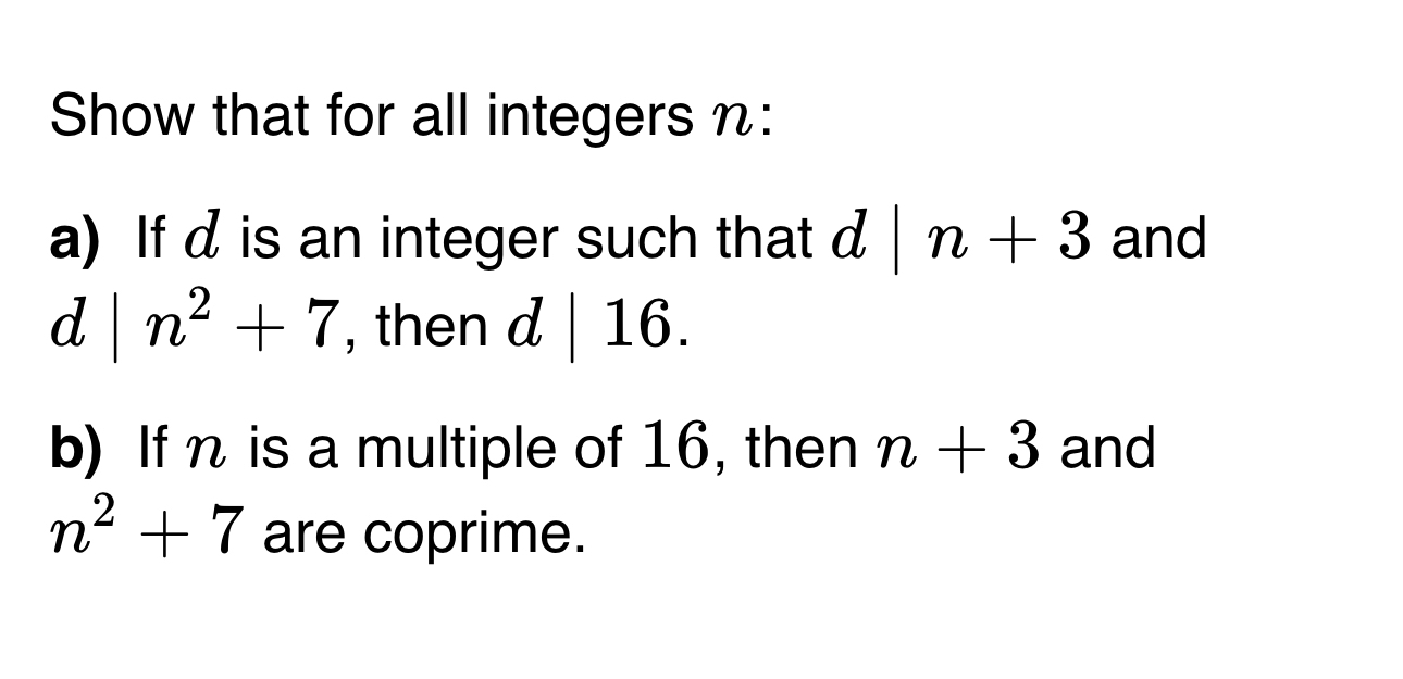 Solved Show that for all integers n ﻿:a) ﻿If d ﻿is an | Chegg.com