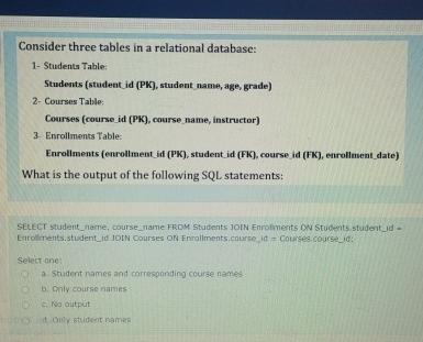 Solved Consider three tables in a relational database:1- | Chegg.com