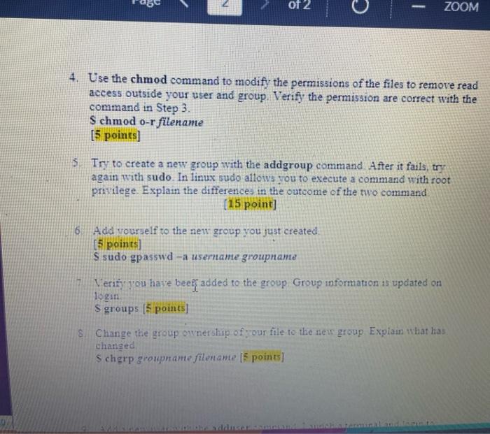 Solved 4. Use the chmod command to modify the permissions of | Chegg.com