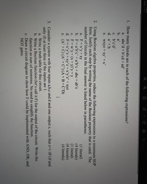 Solved 1. How many literals are in each of the following | Chegg.com