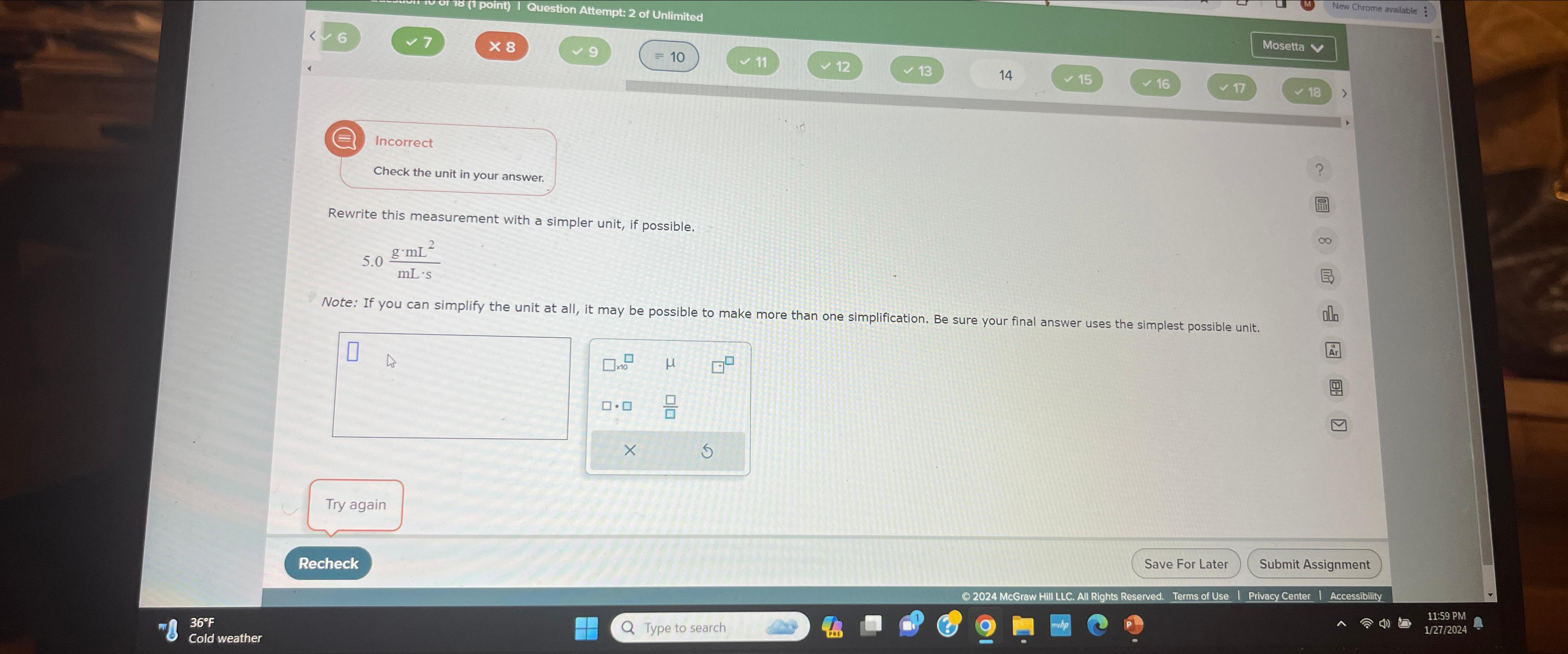 Solved IncorrectCheck the unit in your answer.Rewrite this | Chegg.com